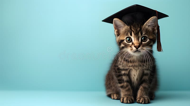 Adorable Kitten in a Graduation Cap on a Vibrant Light Blue Background ...
