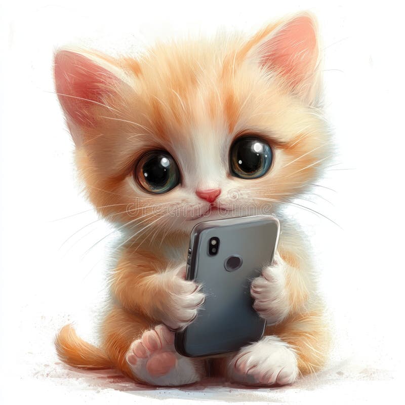 Adorable Kitten Holding Smartphone with Curious Expression. AI Stock ...