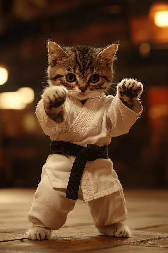 Adorable Kitten in Karate Uniform Strikes a Pose with Focused ...