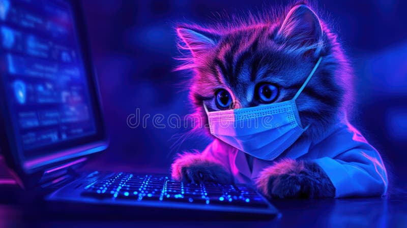 Adorable Kitten in Mask Typing on Keyboard with Neon Glow Stock Photo ...