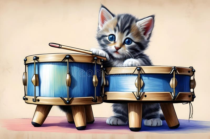 Adorable Kitten Playing Drum Art Stock Illustration - Illustration of ...