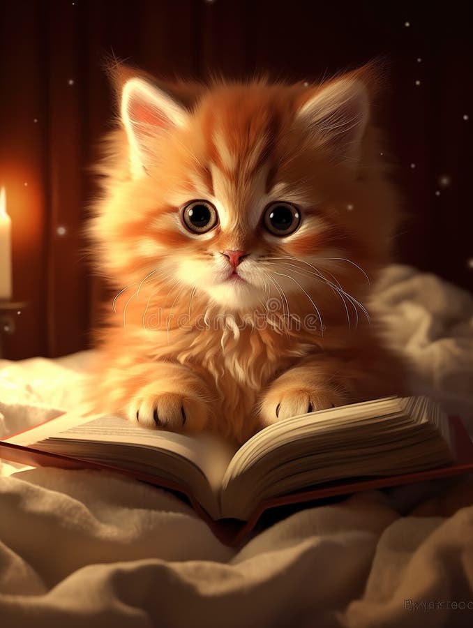 Adorable Kitten Reading a Fairytale Book in the Bed. Stock Illustration ...