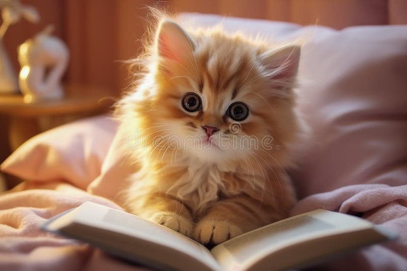 Adorable Kitten Reading a Fairytale Book in the Bed. Stock Illustration ...