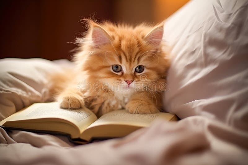 Adorable Kitten Reading a Fairytale Book in the Bed. Stock Illustration ...