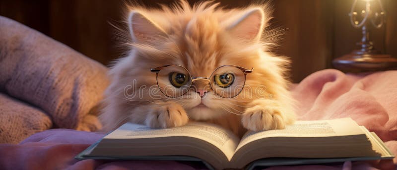 Adorable Kitten Reading a Fairytale Book in the Bed. Stock Illustration ...
