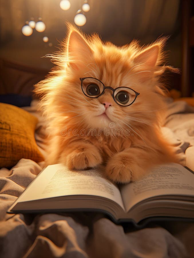 Adorable Kitten Reading a Fairytale Book in the Bed. Stock Illustration ...