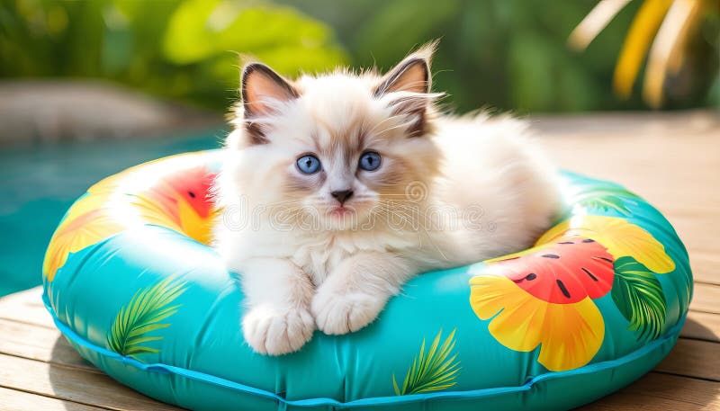Adorable Kitten Relaxing in a Tropical-themed Inflatable by the Pool ...