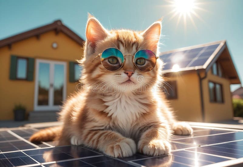 An Adorable Kitten Sits on the Edge of a Solar Panel Located on the ...