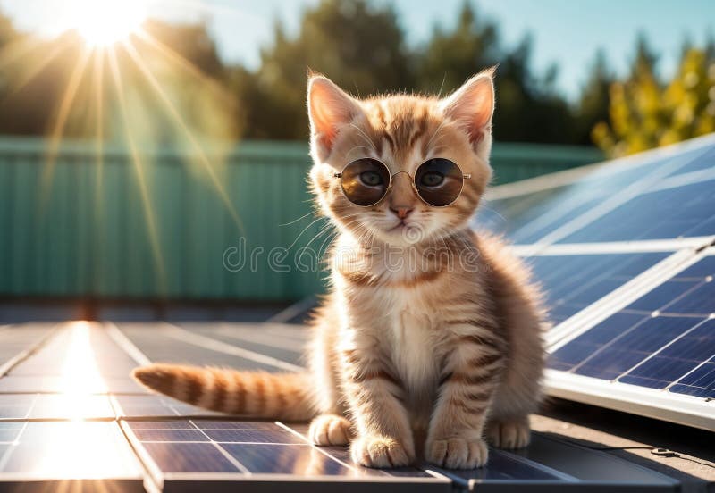 An Adorable Kitten Sits on the Edge of a Solar Panel Located on the ...