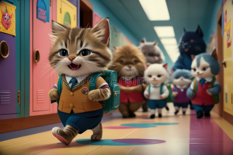 Adorable Kitten Students Walking in School Corridor with Backpacks ...