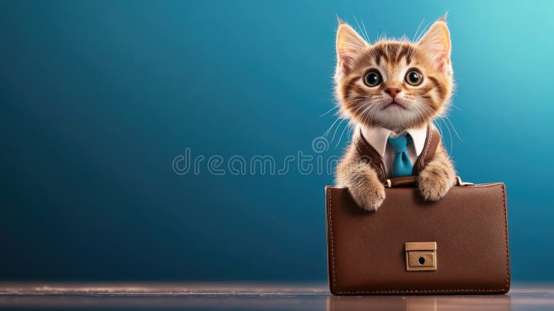 Adorable Kitten in Suit with Tie in Briefcase on Blue Background Stock ...