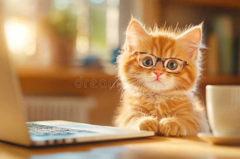 Adorable Kitten Wearing Glasses Using a Laptop in Cozy Home Setting. AI ...