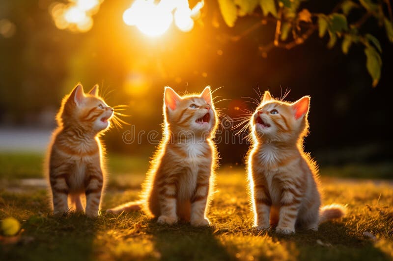 Adorable Kittens Play in Sunset Rays on the Green Lawn. Generative AI ...