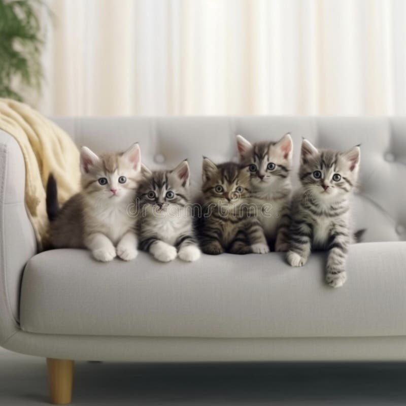 Adorable Kittens Sitting and Lying on a Comfortable Couch Stock ...