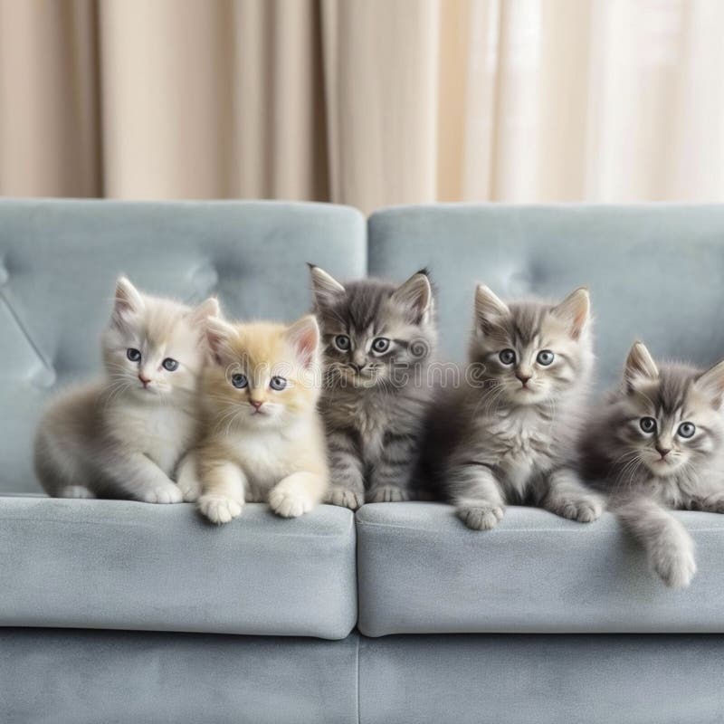 Adorable Kittens Sitting and Lying on a Comfortable Couch Stock ...
