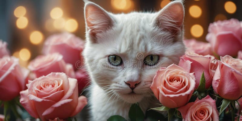 Adorable Kitty Under the Bouquet of Roses. Stock Photo - Image of ...