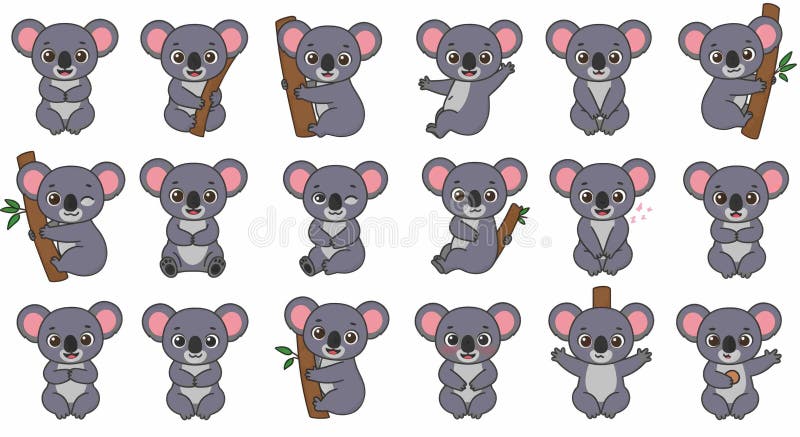 Adorable Koala Cartoon Characters in Various Poses and Actions on White ...