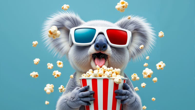 Adorable Koala Enjoying a 3D Cinema Experience with Popcorn Explosion ...