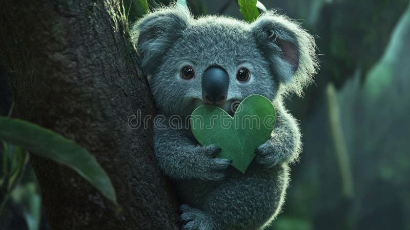 Adorable Koala Holding Heart-Shaped Leaf in Australian Rainforest Stock ...