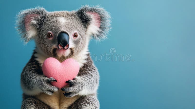 Adorable Koala Holding Pink Heart Against Blue Background Stock ...