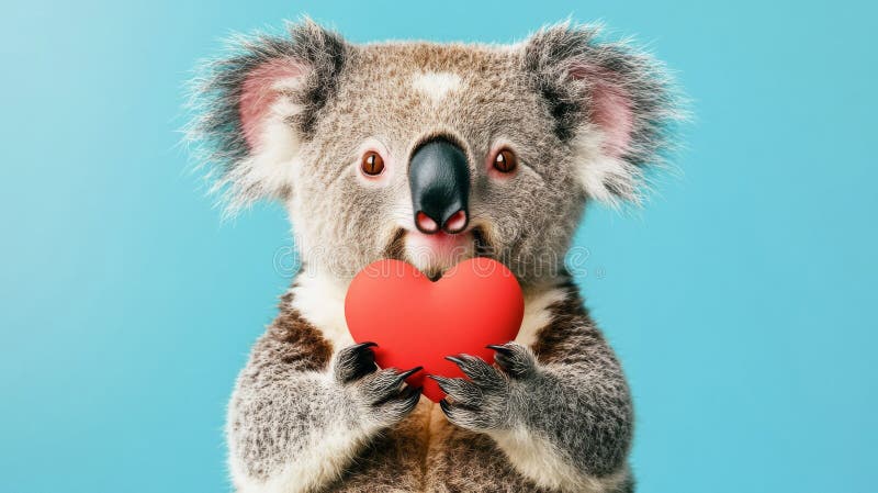 Adorable Koala Holding Red Heart Against Blue Background Stock ...