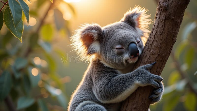Adorable Koala Napping on Tree Branch with Sunlight Filtering through ...