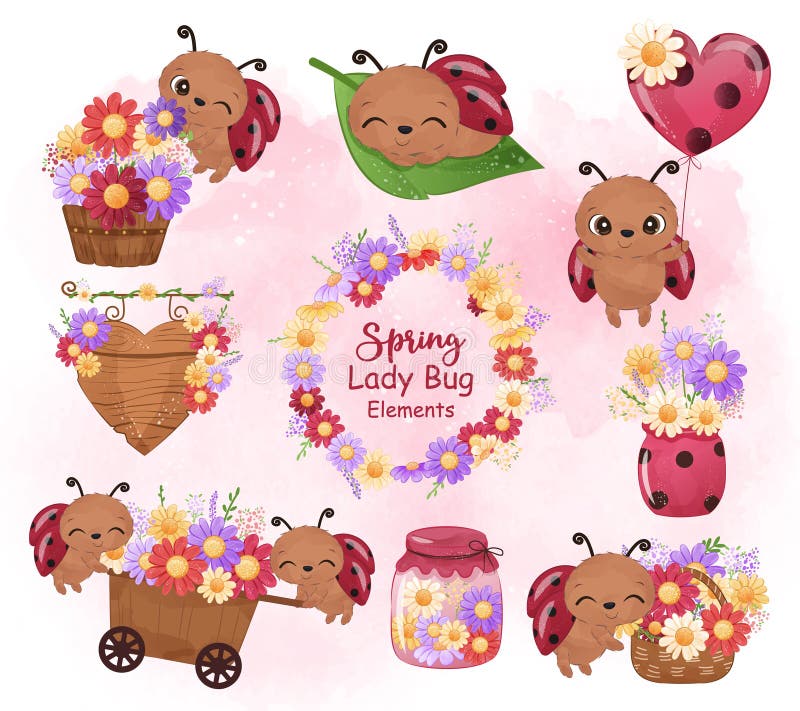 Adorable Lady Bug and Spring Flowers Elements Stock Illustration ...