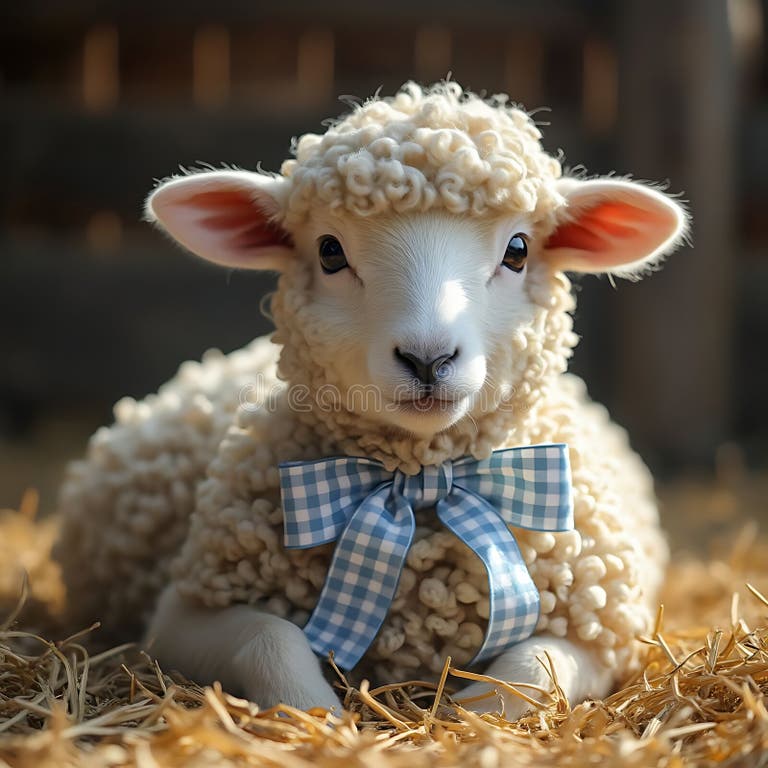 Adorable Lamb with Blue Bow Resting on Straw in Barn Setting Stock ...