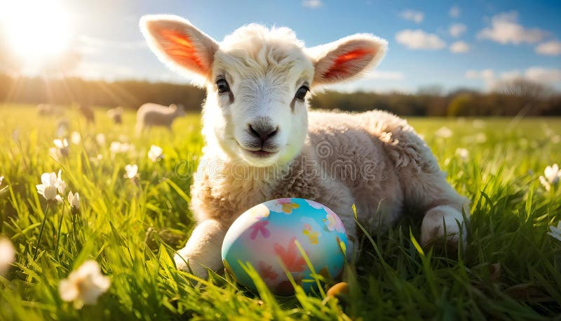 Adorable Lamb with Decorated Egg on Grassy Field, Springtime Nature and ...