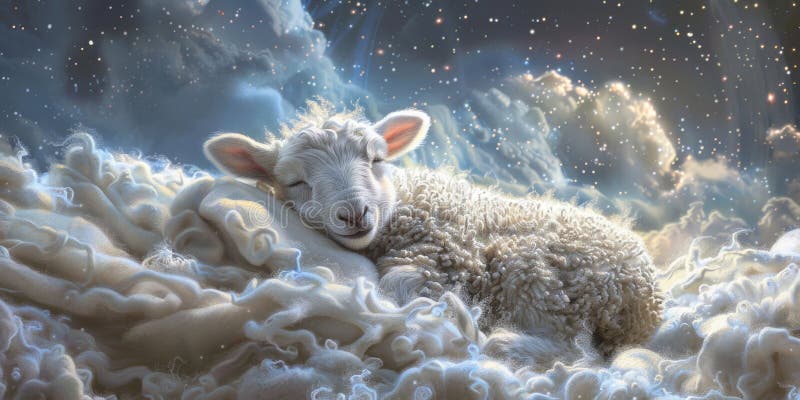 Adorable Lamb Sleeping on Fluffy Clouds Under a Starry Night Sky Stock ...