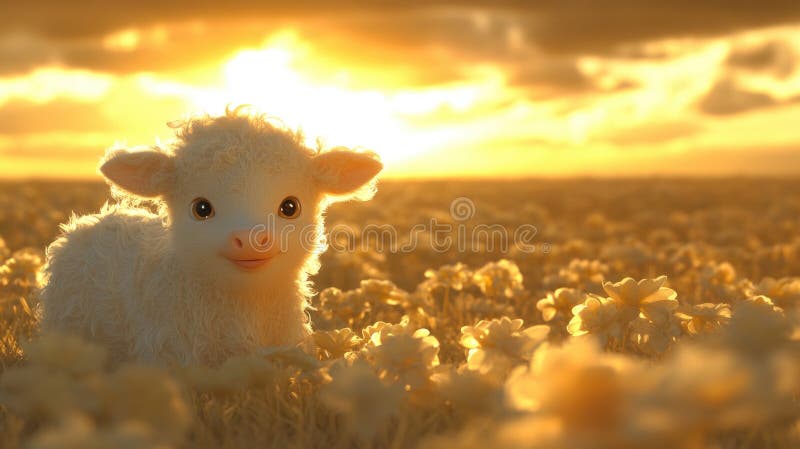 Adorable Lamb in Sunlit Flower Field at Sunrise Stock Photo - Image of ...