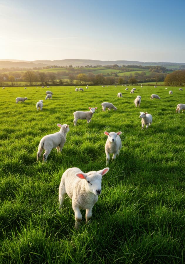 Adorable Lambs in a Lush Green Spring Pasture Stock Illustration ...