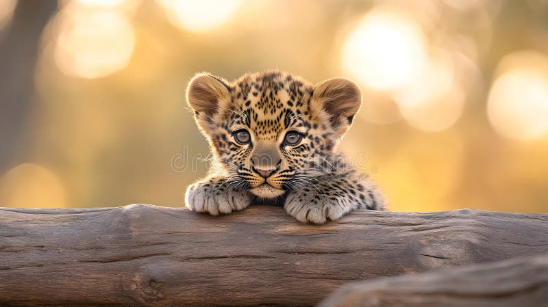 Adorable Leopard Cub Resting on Log in Sunlit Forest Stock Photo ...
