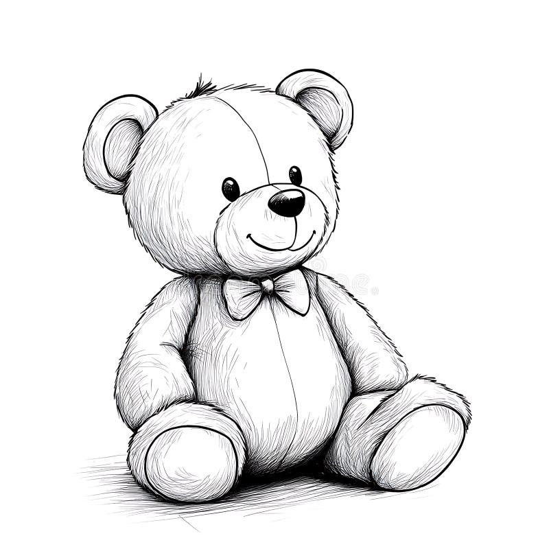 Adorable Line Drawing of Teddy Bear Sitting with Tilted Posture. Stock ...