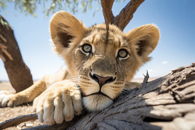 Adorable Lion Cub Chewing on Bone Under Tree with Clear Blue Sky ...
