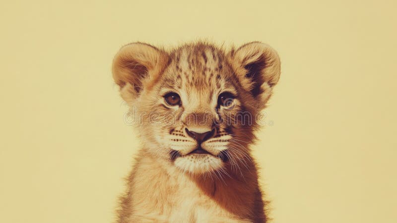 Adorable Lion Cub Portrait Against a Yellow Background Stock ...