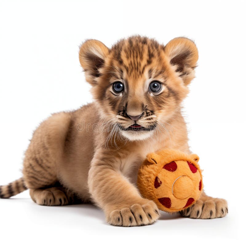 Adorable Lion Cub with Toy Isolated on White Background Stock ...