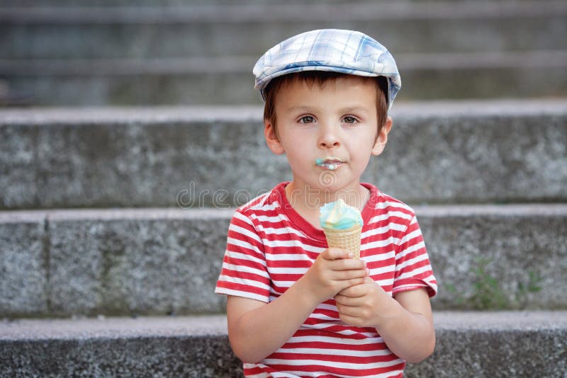Adorable Little Boy, Eacting Ice Cream Stock Image - Image of portrait ...