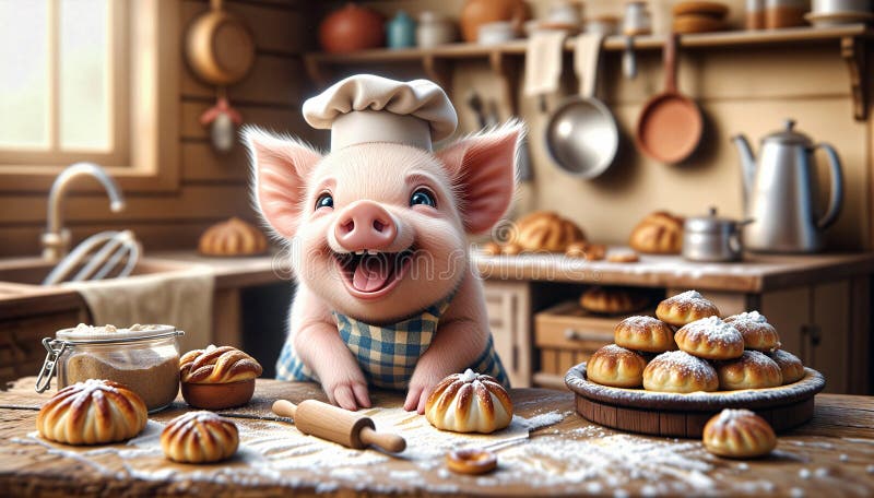 Adorable Little Cook Pig with Chef Hat and Pastries in Cozy Kitchen ...
