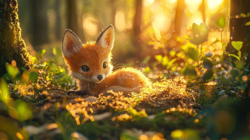 Adorable Little Fox Cub Sitting in a Sun Drenched Forest Stock ...