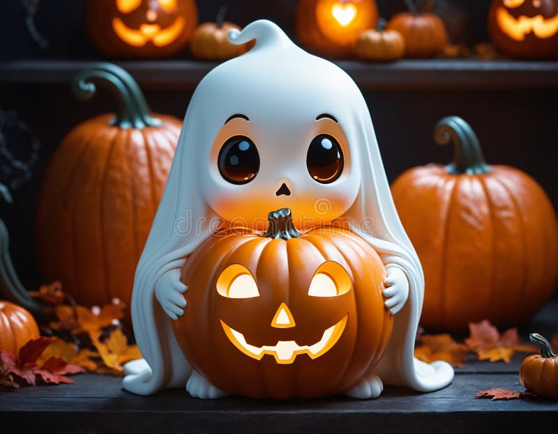 Adorable Little Ghost with Pumpkin on Halloween Stock Image - Image of ...