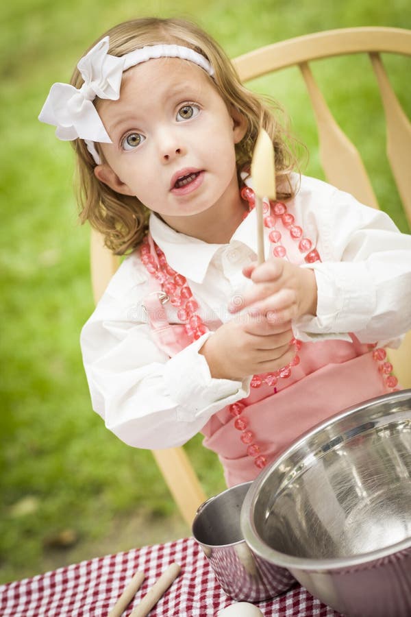 Adorable Little Girl Playing Chef Cooking Stock Image - Image of ...