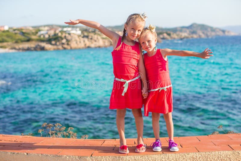 Adorable Little Girls at Tropical Beach during Stock Photo - Image of ...