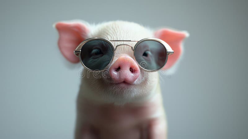 Adorable Little Piglet with Sunglasses Looking Forward and Sitting ...