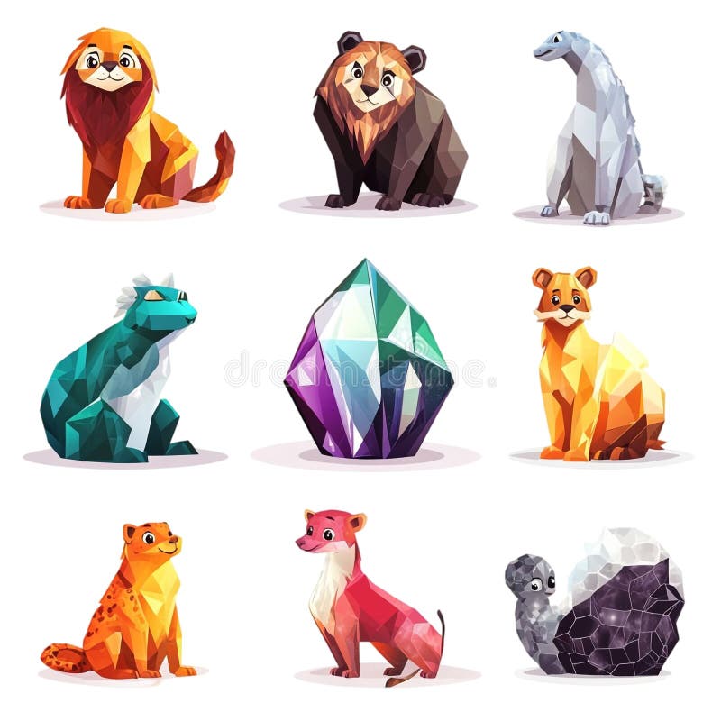 Adorable Low Poly Animals and Gems Delightful Collection Stock ...