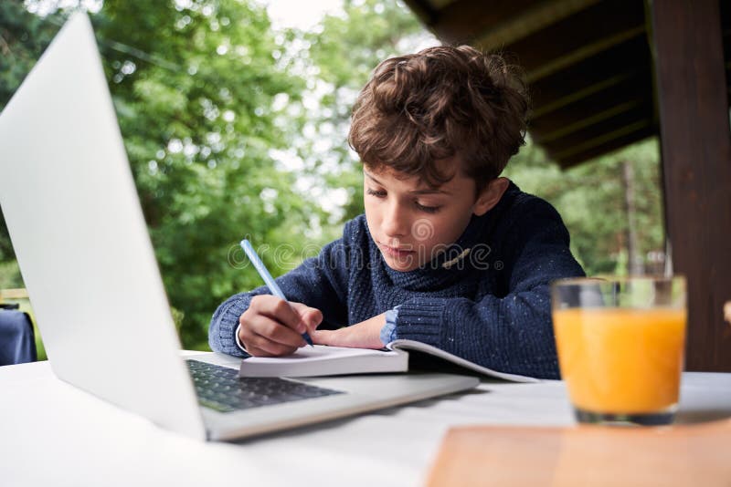 Cute Child Using Laptop and Writing in Notebook Outdoors Stock Photo ...