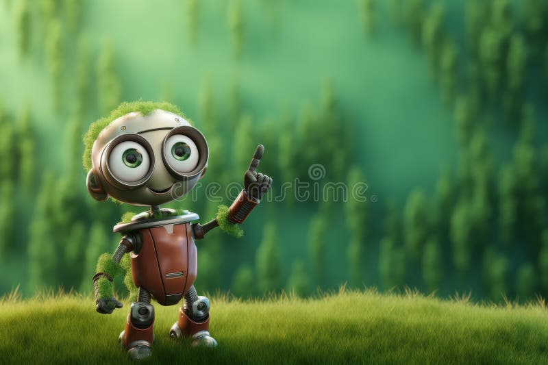 Adorable Mini Robot on Green Background Pointing at Copy Space for ...