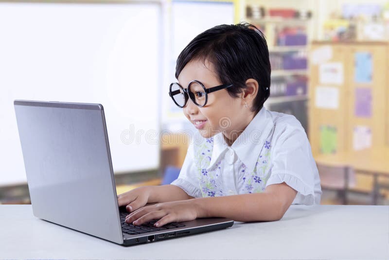 Adorable Modern Student with Laptop in Class Stock Image - Image of ...