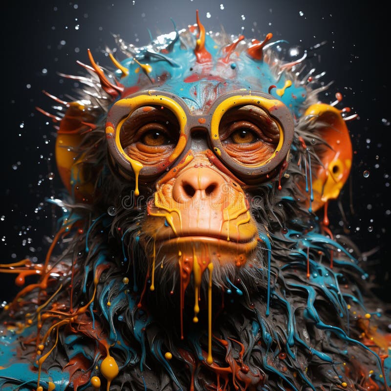 An Adorable Monkey with an Artistic Design of Orange and Blue Paint on ...