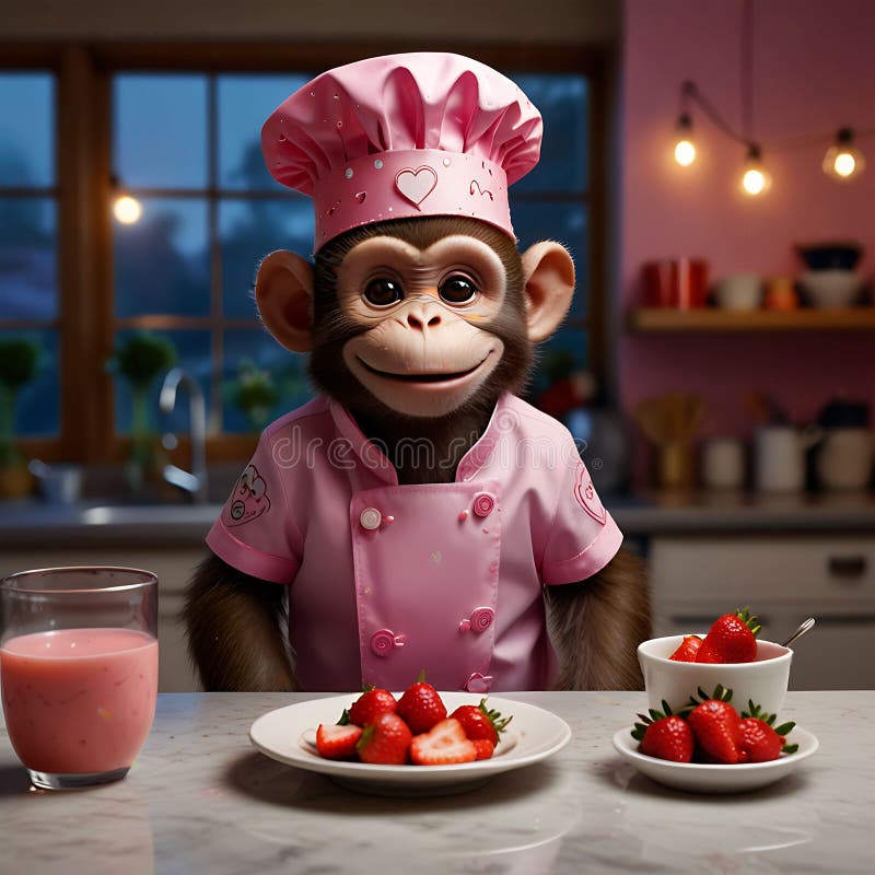 Adorable Monkey Chef Preparing a Strawberry Dessert Stock Illustration ...